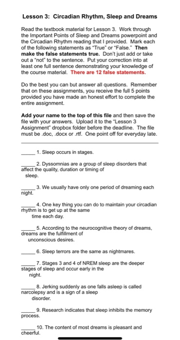 Solved Lesson 3: Circadian Rhythm, Sleep and Dreams Read the | Chegg.com