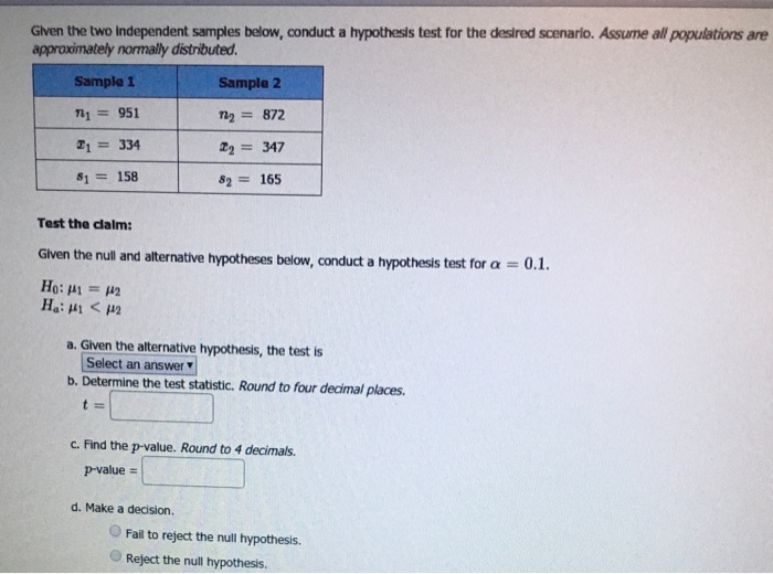 Solved Given the two independent samples below, conduct a | Chegg.com