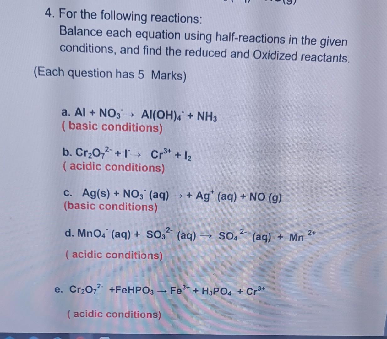4. For the following reactions: Balance each equation | Chegg.com
