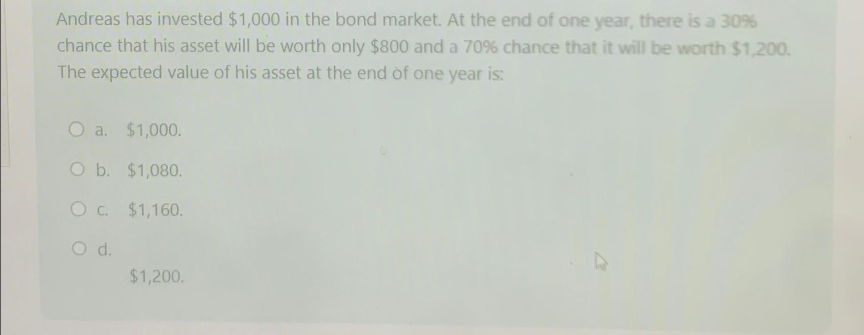 Solved Andreas has invested $1,000 ﻿in the bond market. At | Chegg.com