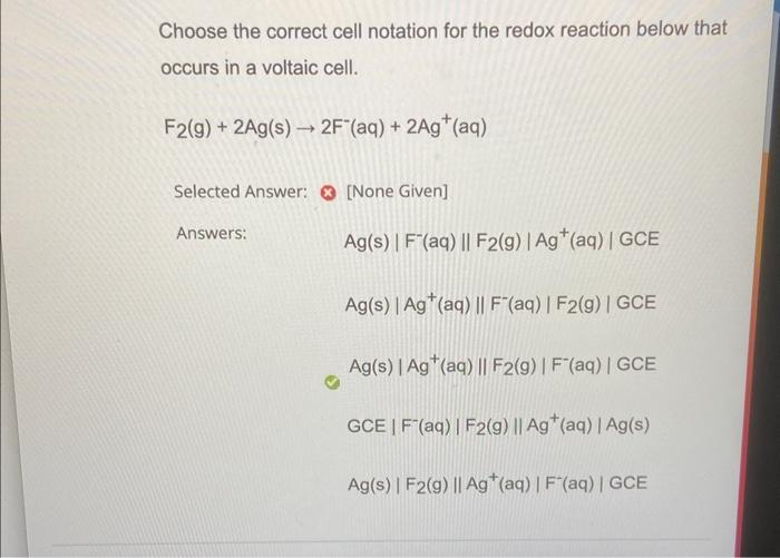 Solved Choose the correct cell notation for the redox | Chegg.com