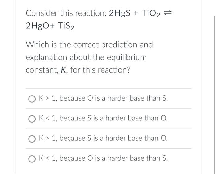 Solved Consider this reaction: 2Hgs + TiO2 = 2HgO+ TiS2 | Chegg.com