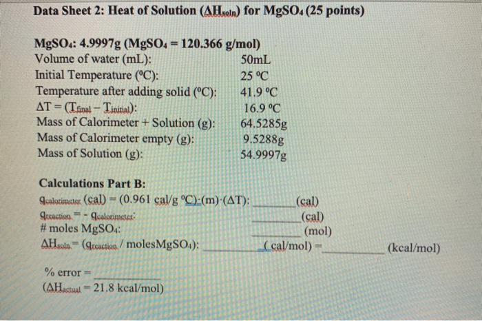 Solved Data Sheet 2: Heat of Solution (AH,eln) for MgSO4 (25 | Chegg.com