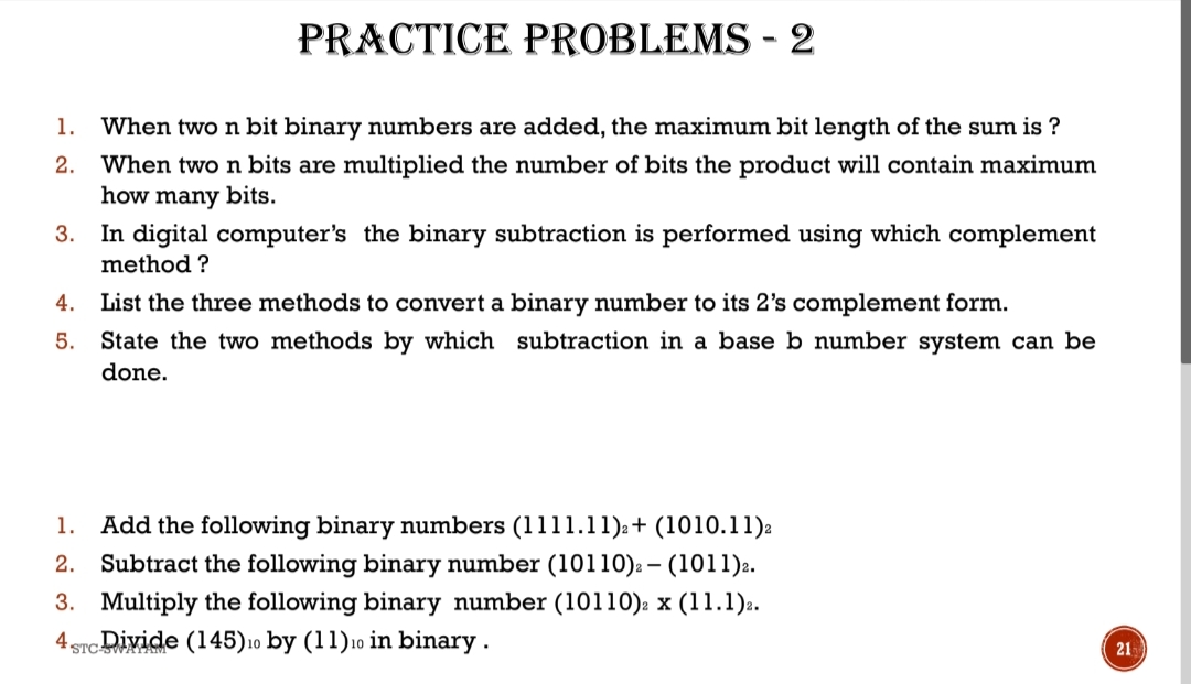 Solved PRACTICE PROBLEMS - 2When two n bit binary numbers | Chegg.com