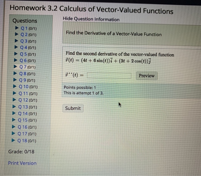 Solved Homework 3.2 Calculus of Vector-Valued Functions Hide | Chegg.com