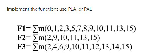 Solved Implement the functions use PLA, or PAL F1= | Chegg.com