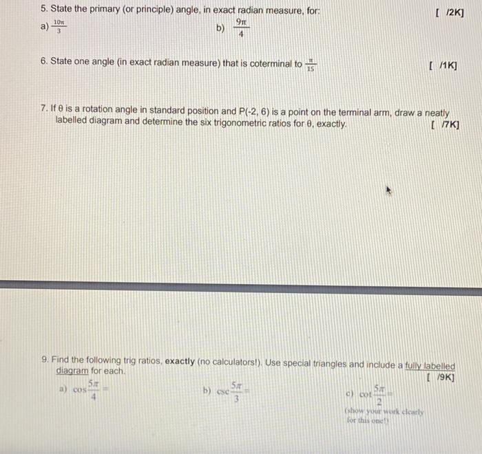 Solved 5. State the primary (or principle) angle, in exact | Chegg.com