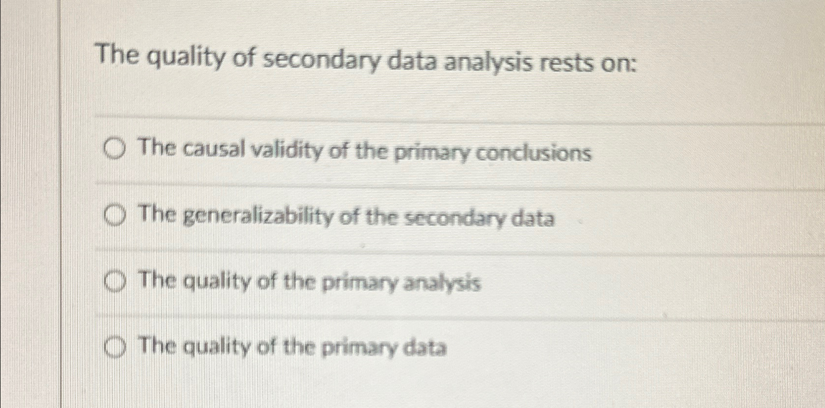 Solved The quality of secondary data analysis rests on:The | Chegg.com
