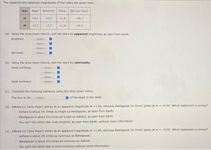 Solved The apparent and absolute magnitudes of four stars | Chegg.com