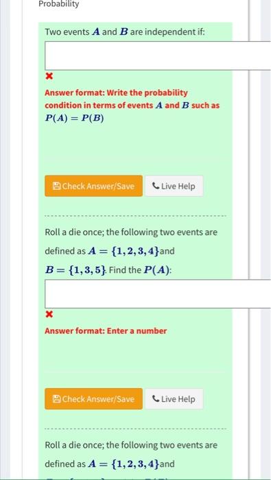 Solved Two events A and B are independent if Answer format: | Chegg.com