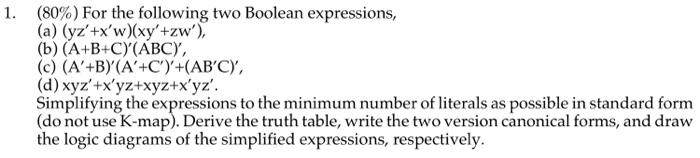 Solved 1. (80%) For the following two Boolean expressions, | Chegg.com
