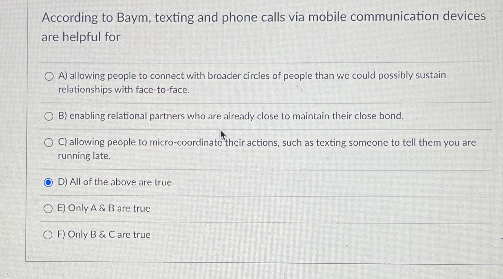 Solved According to Baym, texting and phone calls via mobile | Chegg.com