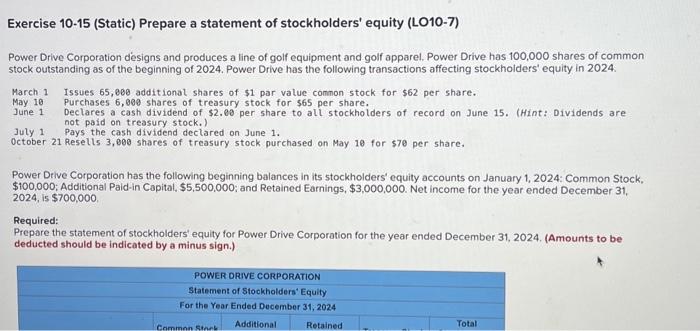 Solved Exercise 10-15 (Static) Prepare a statement of | Chegg.com