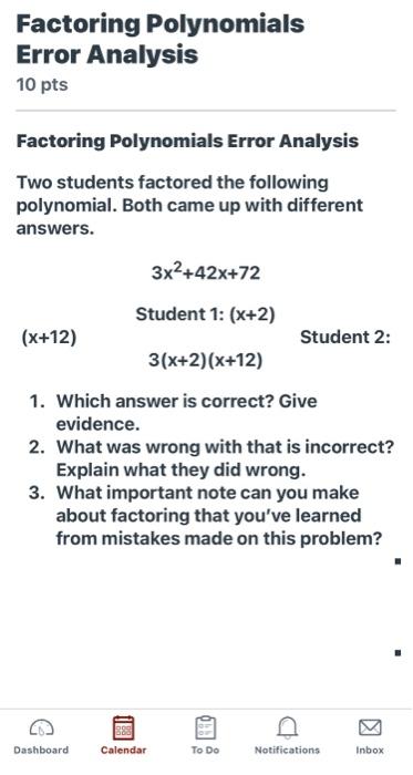 Solved Factoring Polynomials Error Analysis 10 pts Factoring | Chegg.com