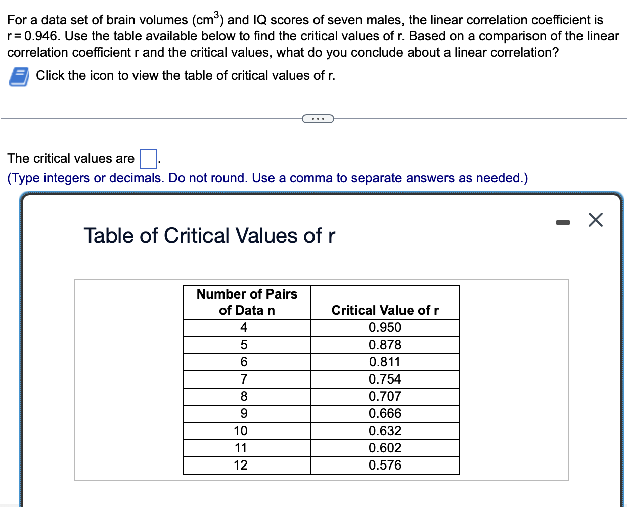 Solved For a data set of brain volumes (cm3) ﻿and IQ scores | Chegg.com