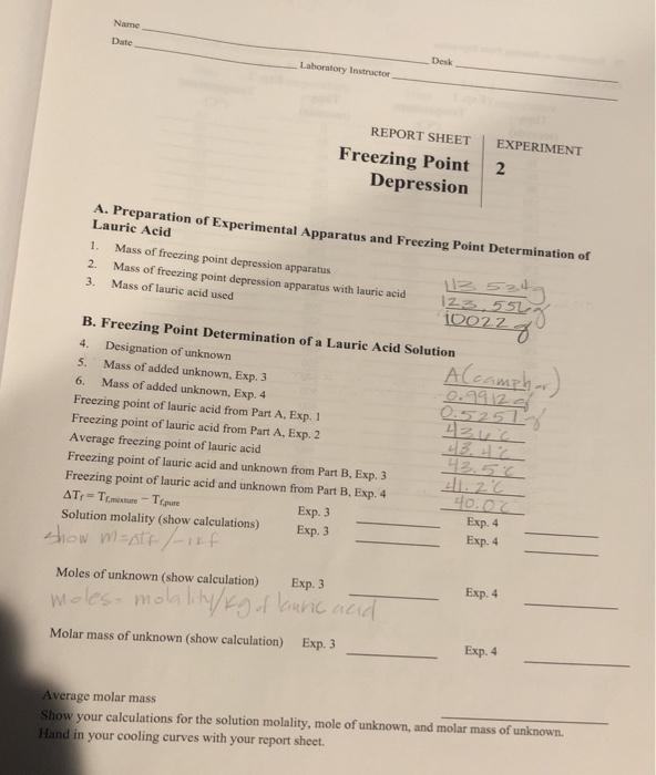 Solved Name Date Desk Laboratory Instructor EXPERIMENT | Chegg.com
