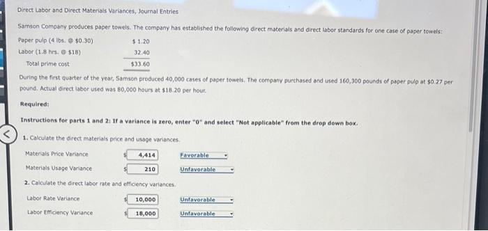 Solved Direct Labor and Direct Materials Variances, Journal | Chegg.com