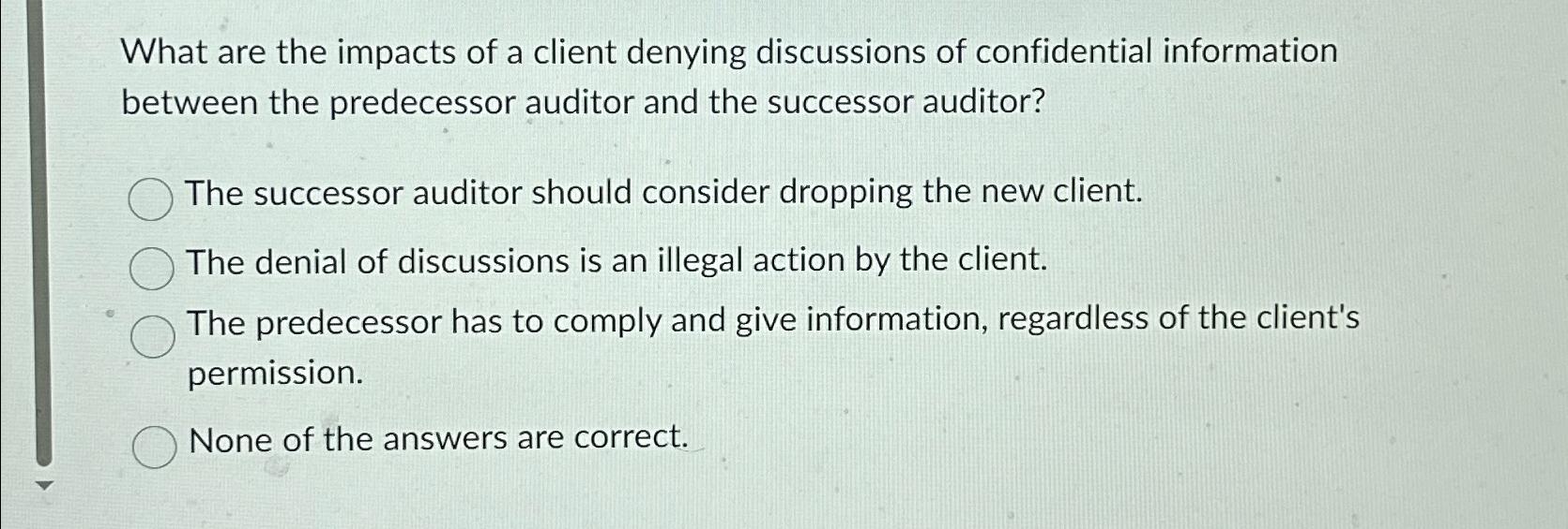 Solved What are the impacts of a client denying discussions | Chegg.com