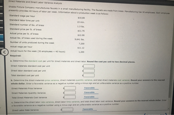 Solved Direct Materials and Direct Labor Variance Analysis | Chegg.com