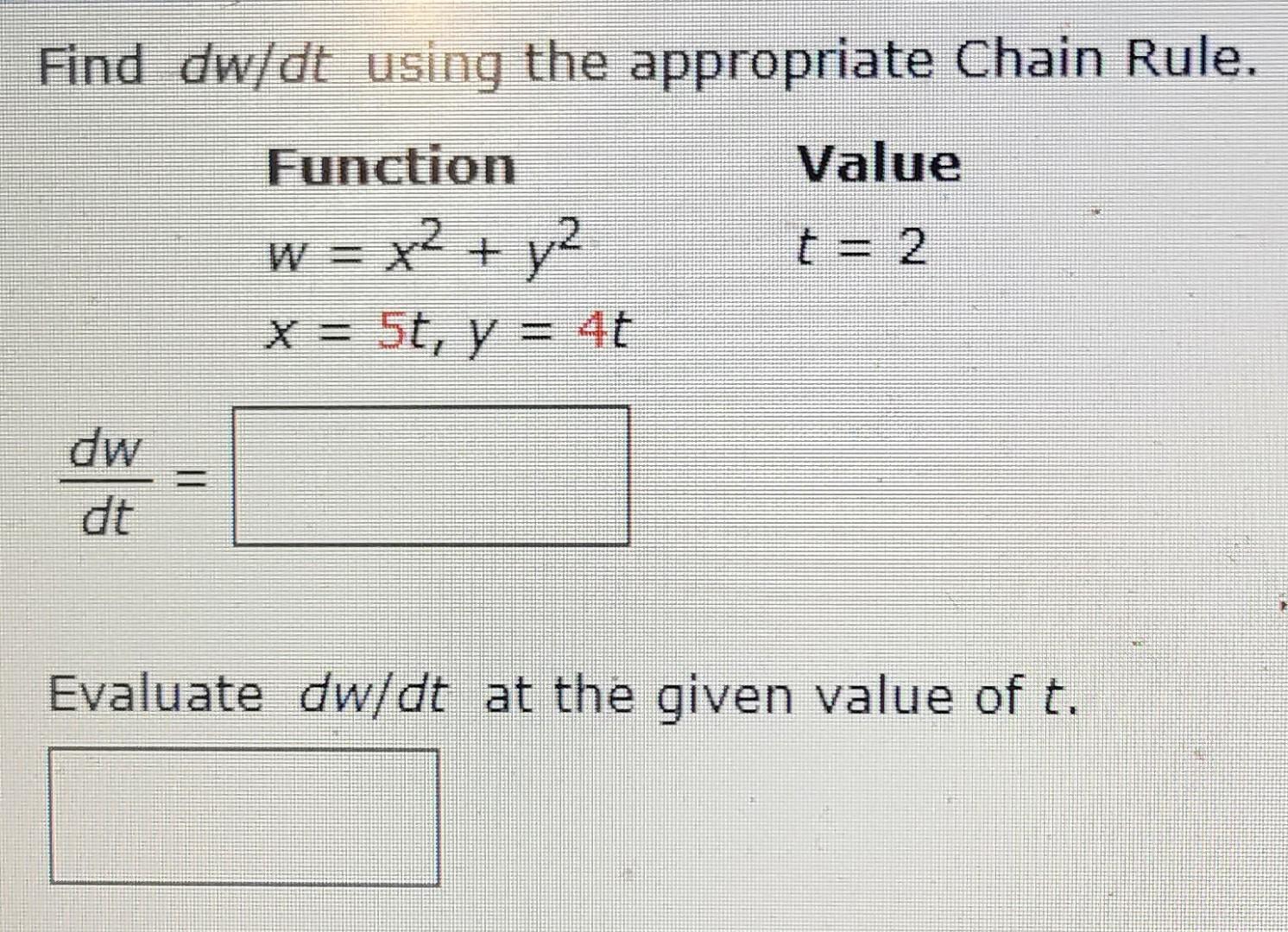 Solved Find dw/dt using the appropriate Chain Rule. Function | Chegg.com