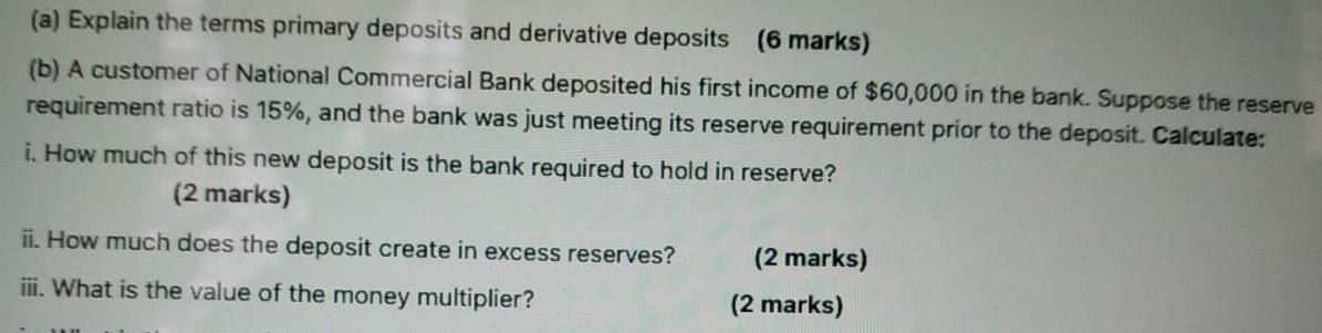 Solved (a) Explain the terms primary deposits and derivative | Chegg.com
