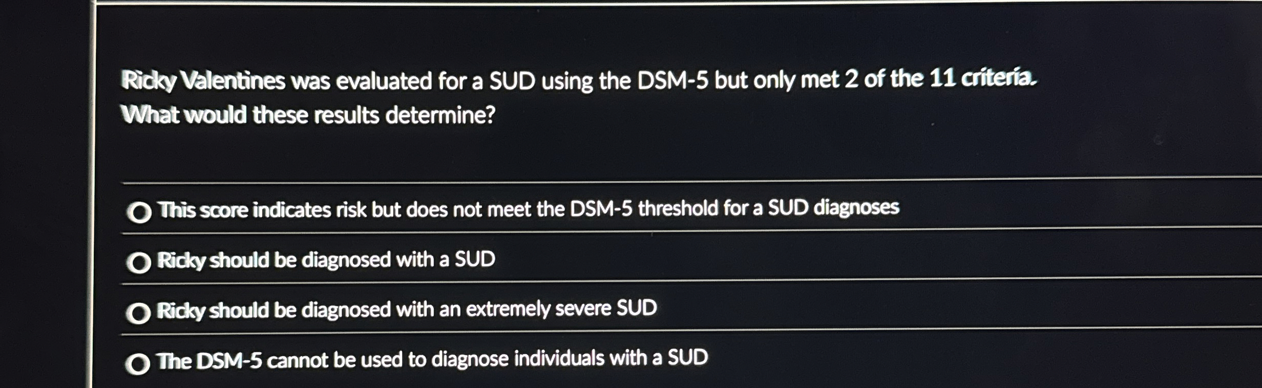 Solved Ricky Valentines was evaluated for a SUD using the | Chegg.com