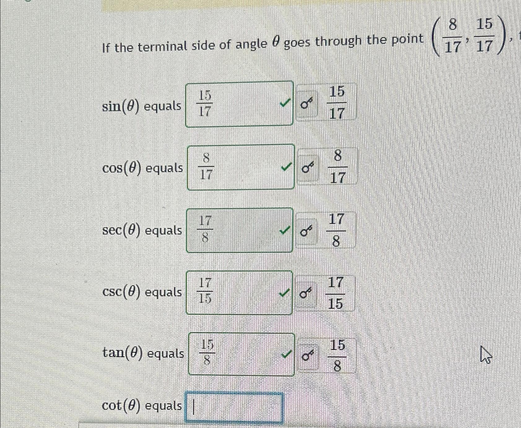 Solved If the terminal side of angle θ ﻿goes through the | Chegg.com