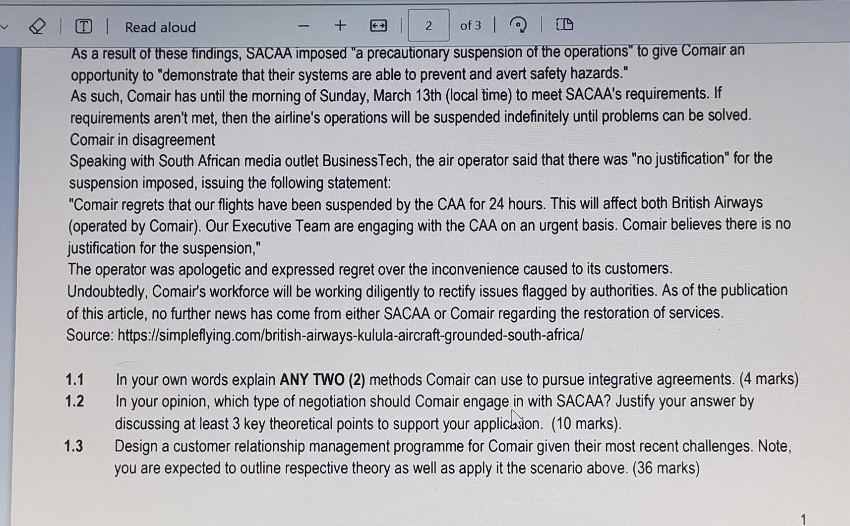 Solved As a result of these findings, SACAA imposed "a | Chegg.com