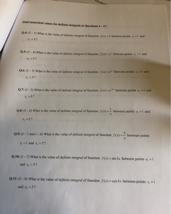 Solved dvance Find numerical values for definite integrals | Chegg.com