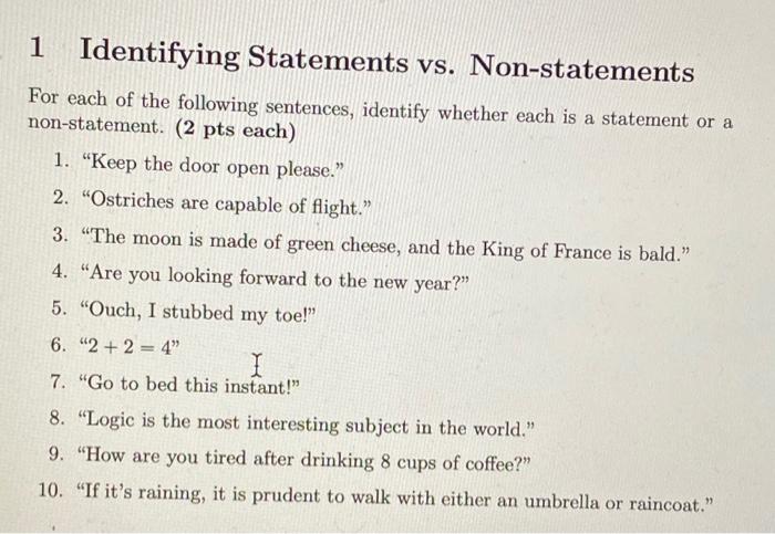 1 Identifying Statements vs. Non-statements For each | Chegg.com