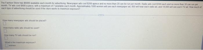 Solved The Fastion 5 tore has 56000 avalable each month for | Chegg.com