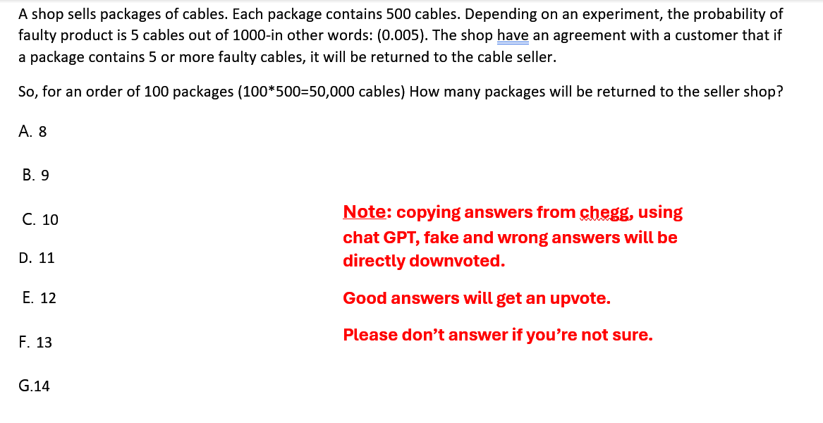 Solved A shop sells packages of cables. Each package | Chegg.com