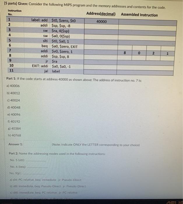 Solved (5 parts] Given: Consider the following MIPS program | Chegg.com