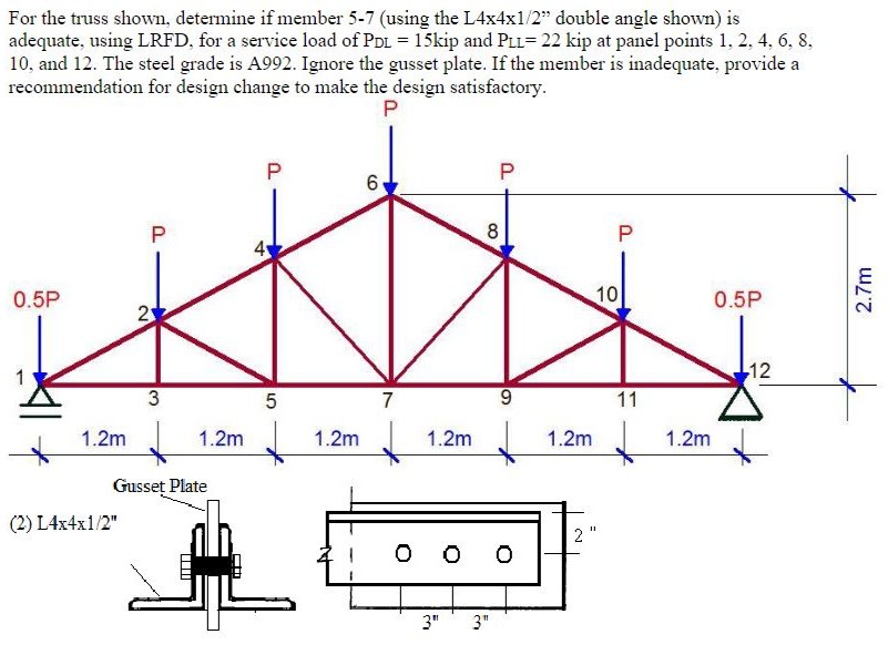Solved For the truss shown, determine if member 5-7 (using | Chegg.com