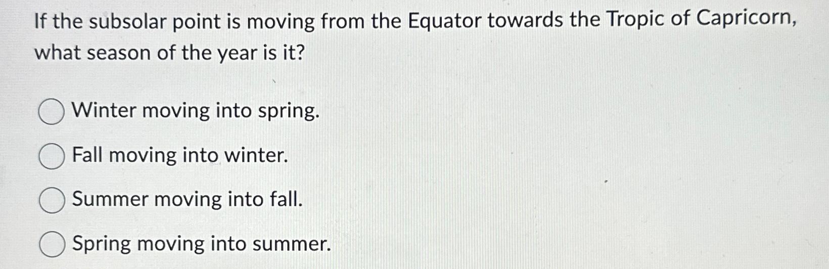 Solved If the subsolar point is moving from the Equator | Chegg.com