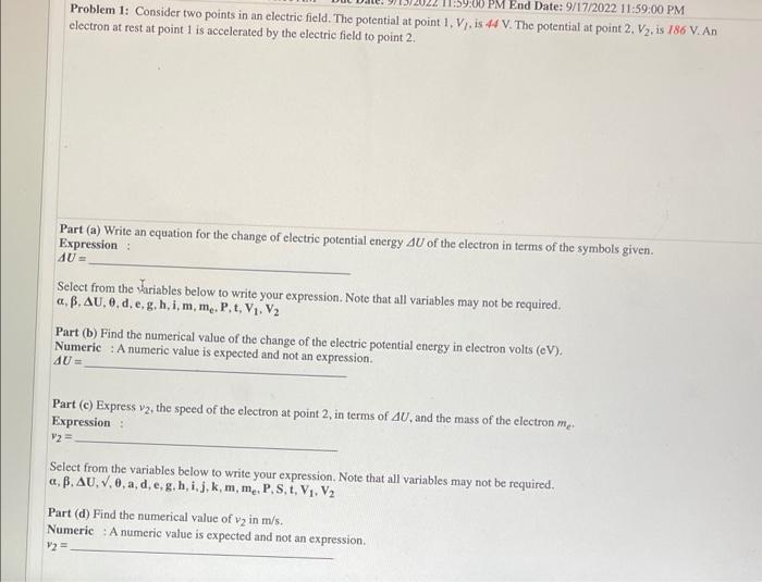 Solved Problem 1: Consider two points in an electric field. | Chegg.com