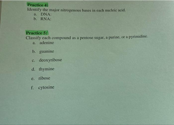 Solved Practice 4: Identify the major nitrogenous bases in | Chegg.com