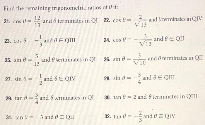 Solved Find the remaining trigonometric ratios of if: 12 21. | Chegg.com