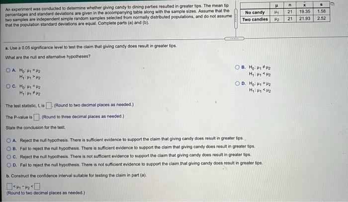 Solved n X An experiment was conducted to determine whether | Chegg.com
