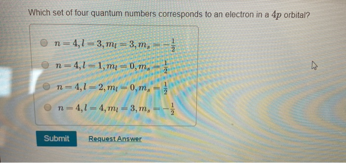 Solved Which set of four quantum numbers corresponds to an | Chegg.com