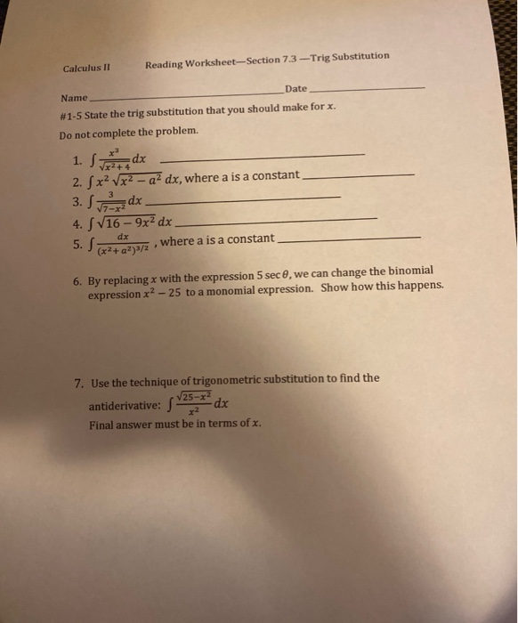 Solved Calculus Ii Reading Worksheet Section 7 3 Trig