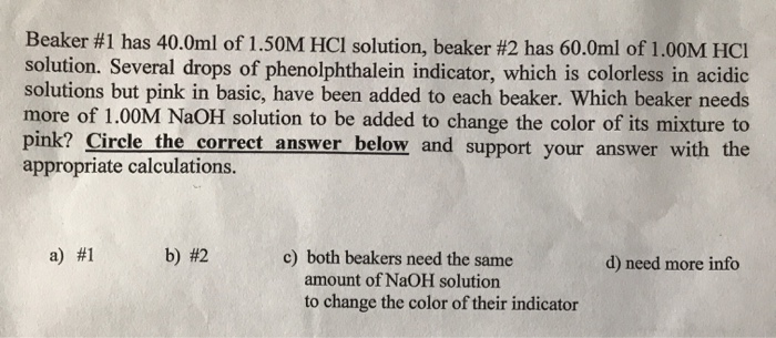 Solved Beaker #1 has 40.0ml of 1.50M HCl solution, beaker #2 | Chegg.com