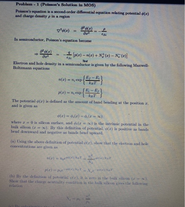 Problem - 1 (Poisson's Solution in MOS) Poisson's | Chegg.com