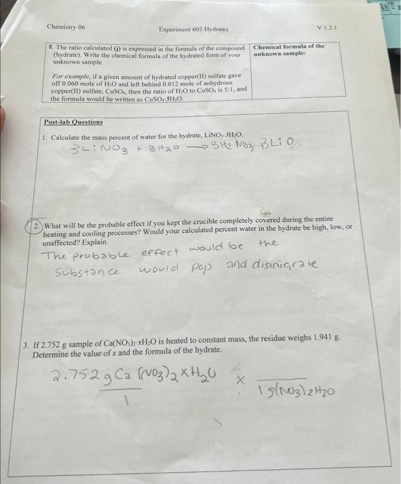 Solved 1. Calculate the mass percent of water for the | Chegg.com