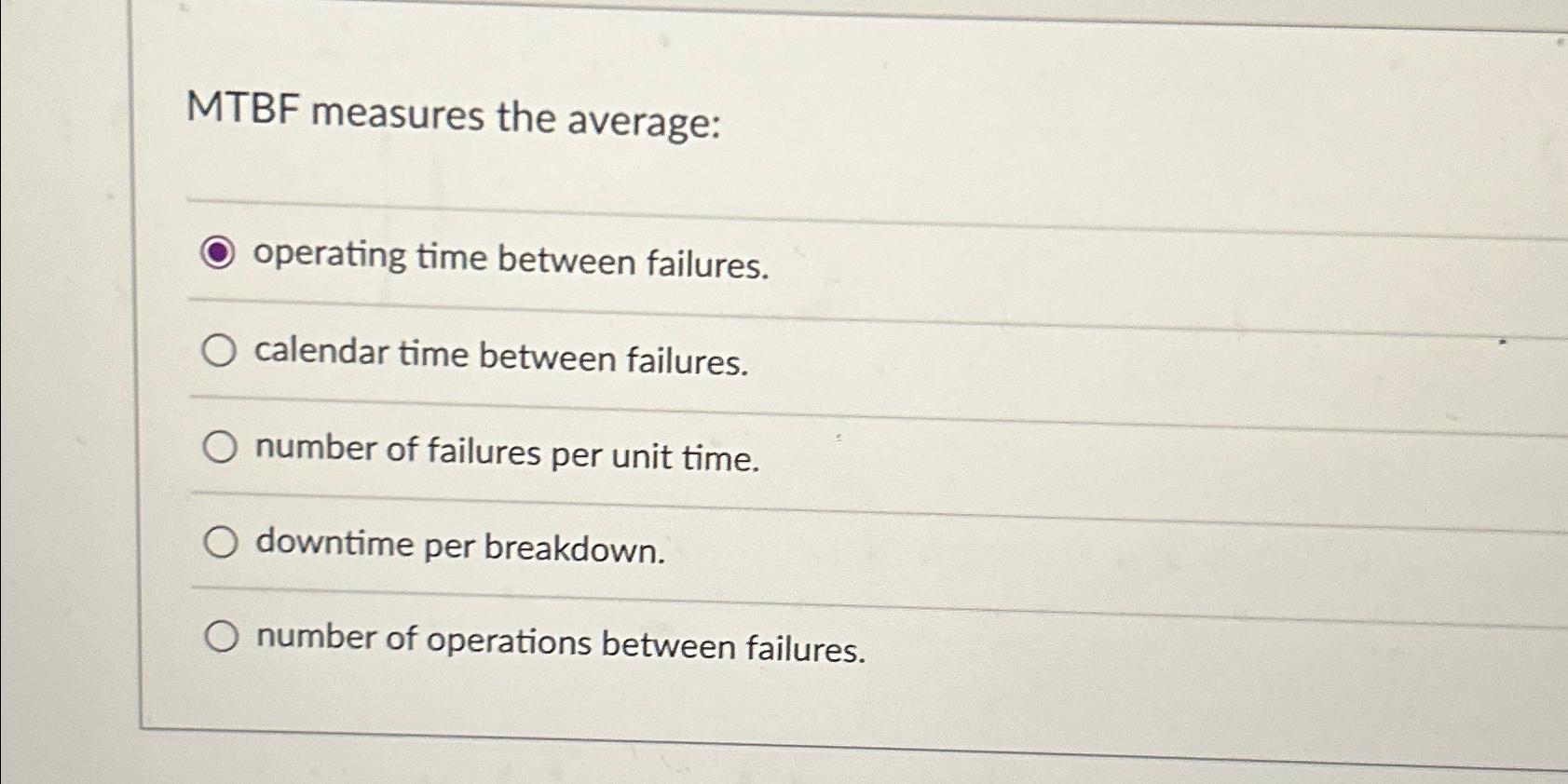 Solved MTBF measures the average:operating time between | Chegg.com