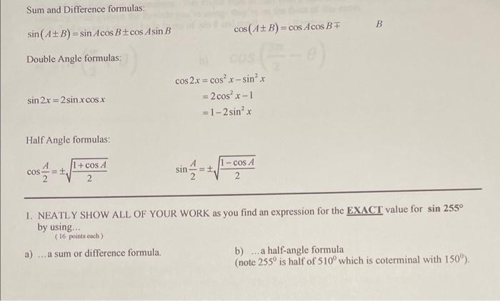 Solved Sum and Difference formulas: | Chegg.com