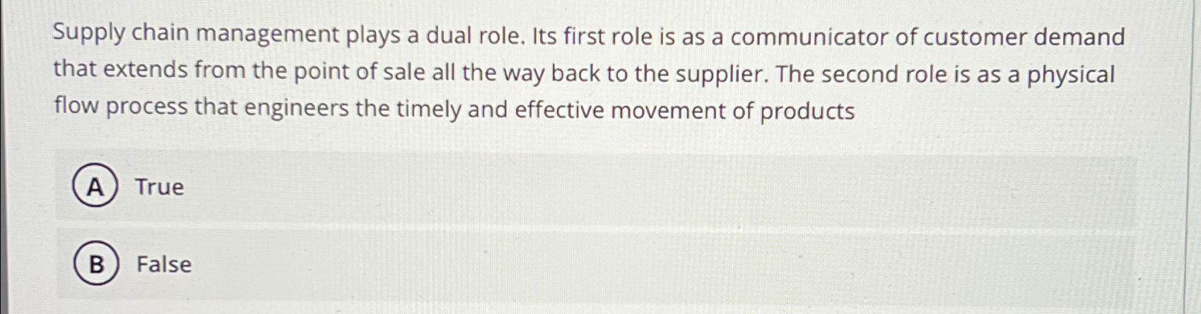 Solved Supply chain management plays a dual role. Its first | Chegg.com
