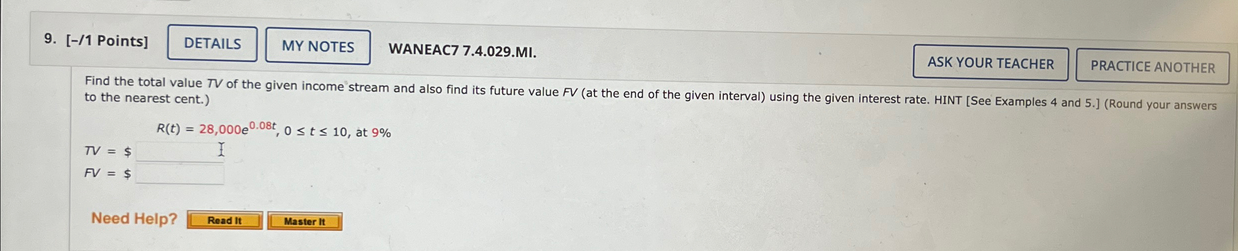 Solved Points] ﻿WANEAC7 7.4.029.MI.Find the total value TV | Chegg.com