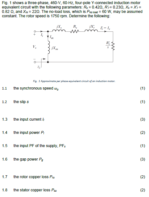 Solved Fig. 1 ﻿shows a three-phase, 460-V,60-Hz, ﻿four-pole | Chegg.com
