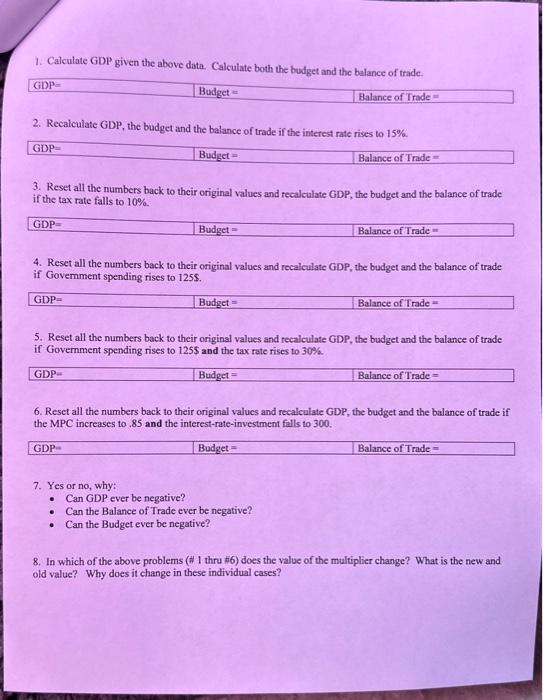 Solved Name Problem set 7 Consumption =a+b(1−t)Y I=e−di G= | Chegg.com